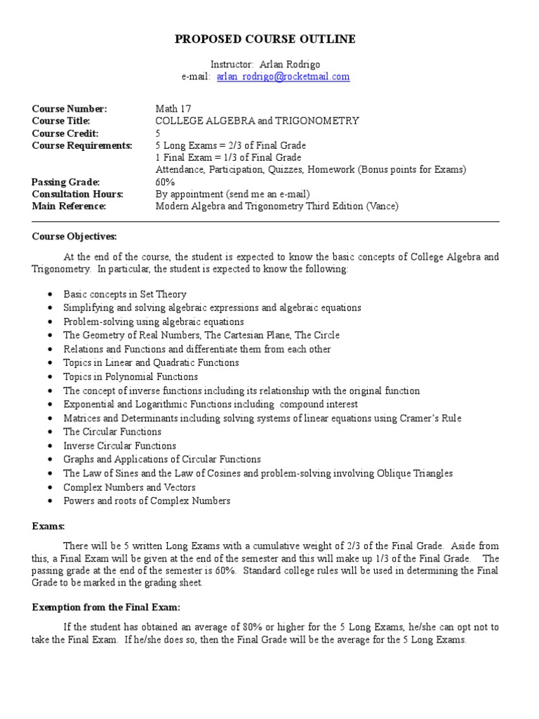 College Algebra and Trigonometry Outline | PDF | Trigonometric ...