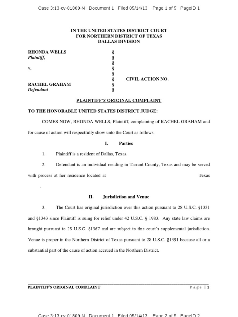 Rhonda Wells V Rachel Graham | PDF | Lawsuit | Plaintiff