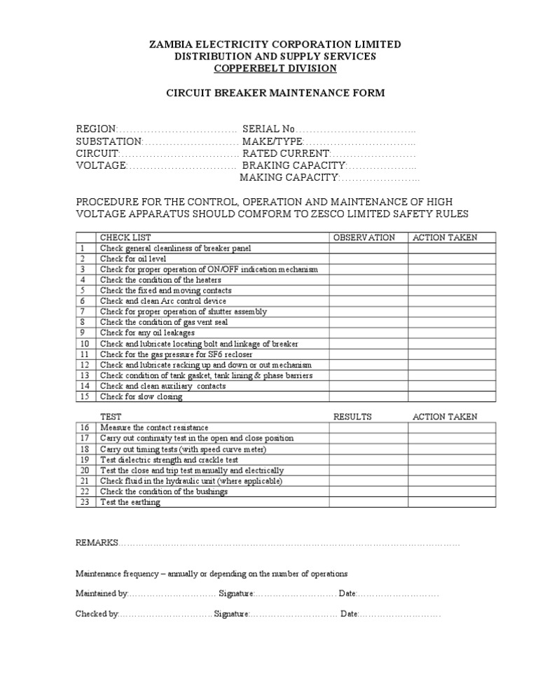 Circuit Breaker Maintenance Form | PDF | Power (Physics) | Electricity