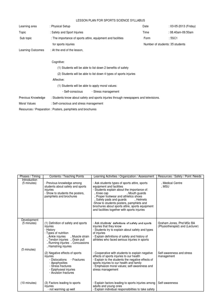 Lesson Plan For Sport Science Syllabus | PDF | Self Awareness | Lesson Plan