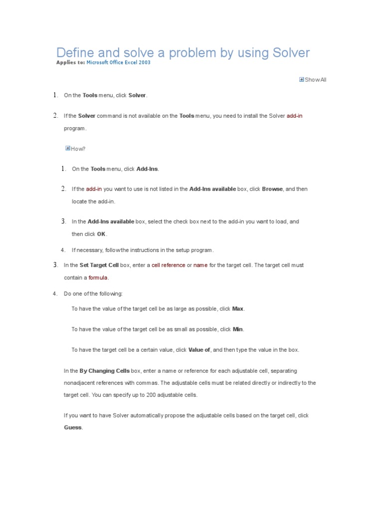 Define and Solve A Problem by Using Solver | PDF | Microsoft Excel ...