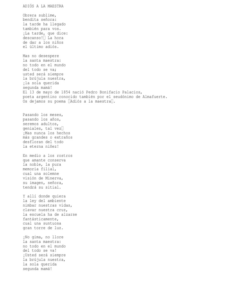 Poema Adios A La Maestra | PDF | Poesía | Clásicos