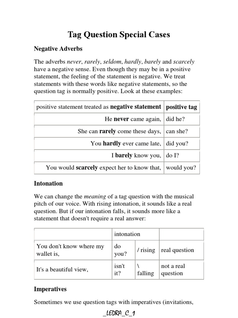 Tag Questions: Special Cases Explained | PDF | Question | Languages