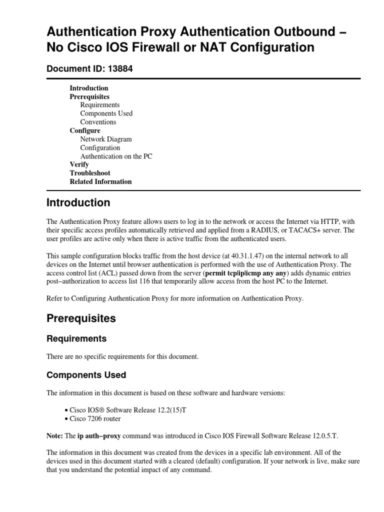 Authentication Proxy Authentication Outbound No Cisco IOS Firewall or NAT Configuration | PDF ...