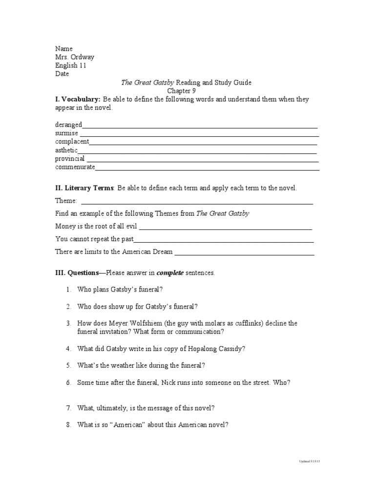 Great Gatsby Ch 9 Sg Pdf The Great Gatsby