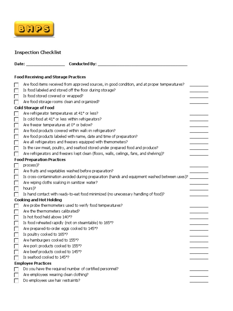 F & B Inspection Check List Format | PDF | Refrigerator | Food Storage