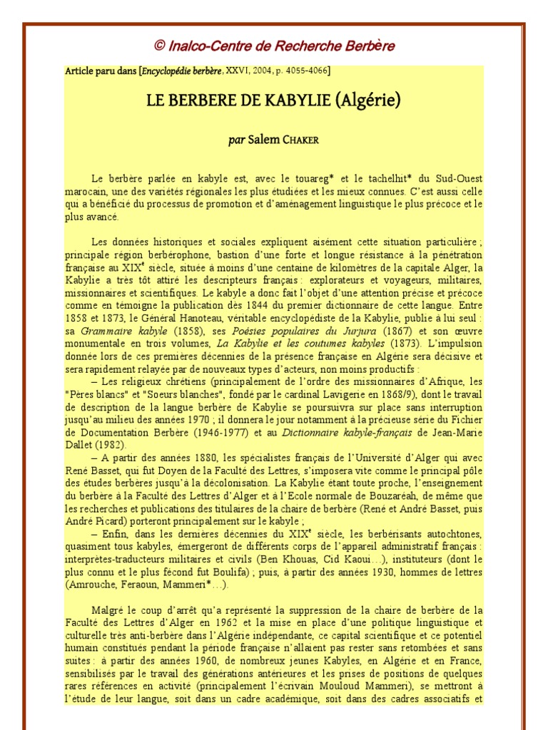 Le Berbere Kabyle Salem Chaker | Arabe | Berbères
