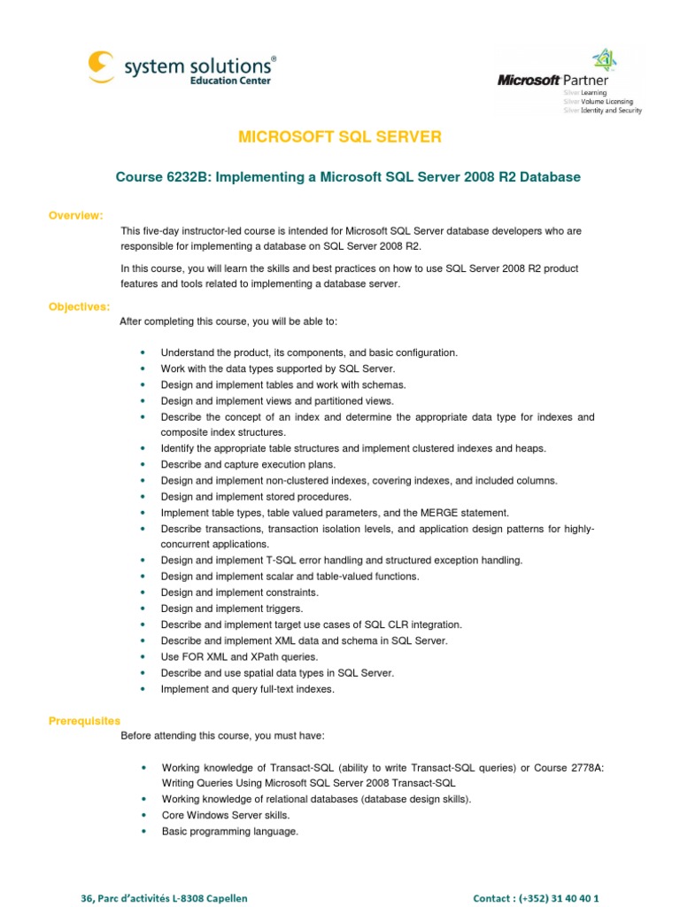 Course 6232B Microsoft SQL Server | Download Free PDF | Microsoft Sql Server | Database Index