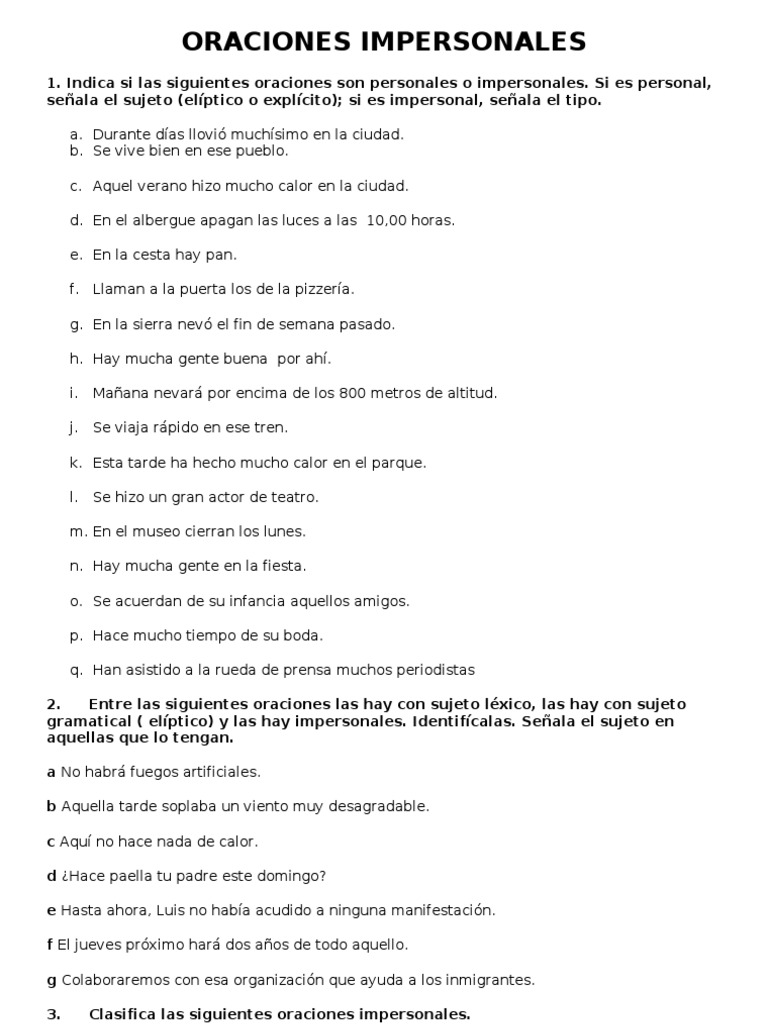 Ejercicios sobre Oraciones Impersonales | PDF | Asunto (gramática)