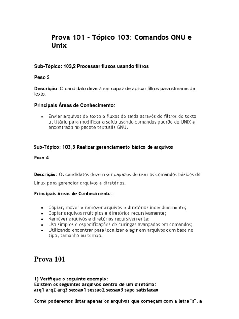 Dicas LPI - Prova 101 - Tópico 103 Comandos GNU e Unix | PDF | Unix | Linux
