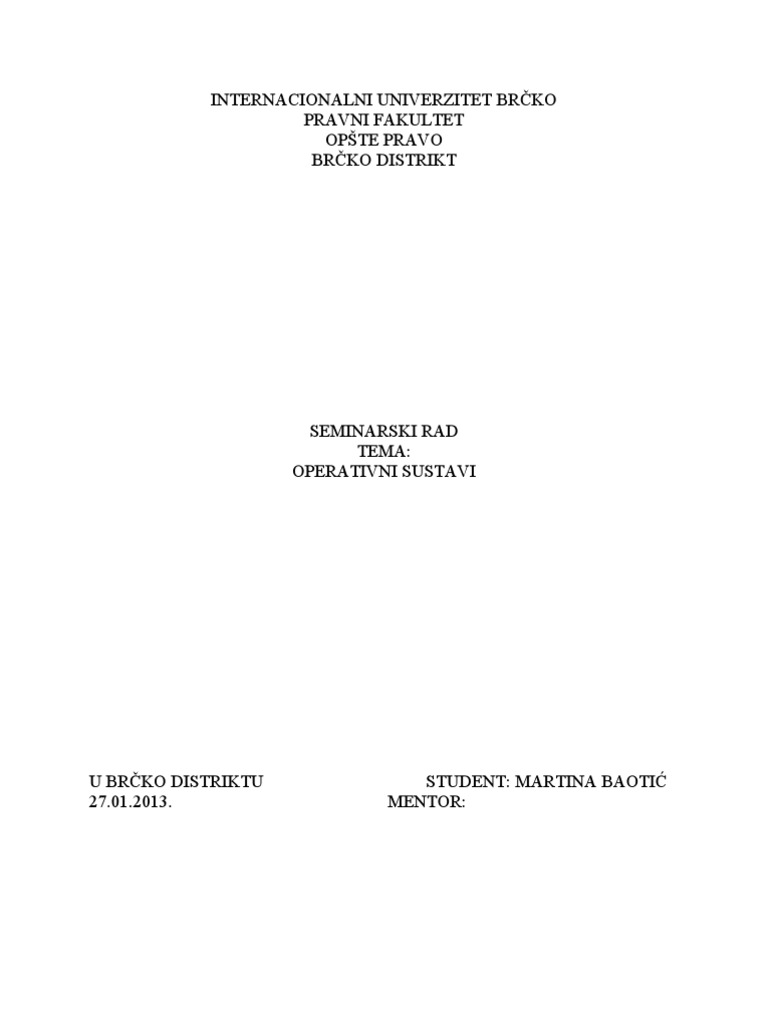 Seminarski Rad Informatika Operativni Sistemi | PDF