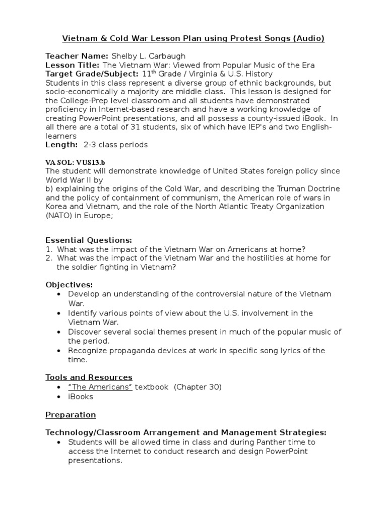 Vietnam War Protest Songs Lesson Plan | PDF | Cold War | Essays