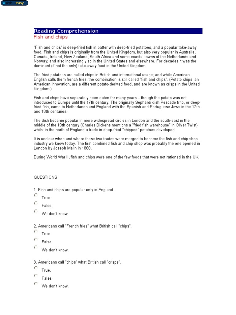 Fish and Chips: Reading Comprehension | PDF
