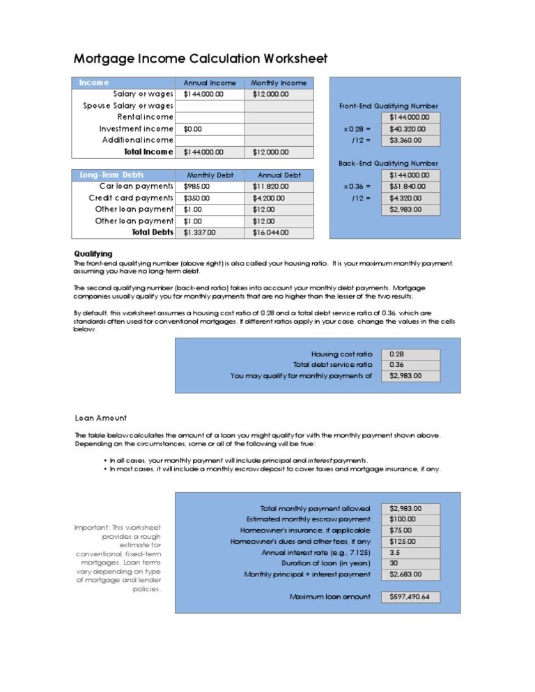 Mortgage Income Calculation Worksheet | PDF | Business | Finance ...