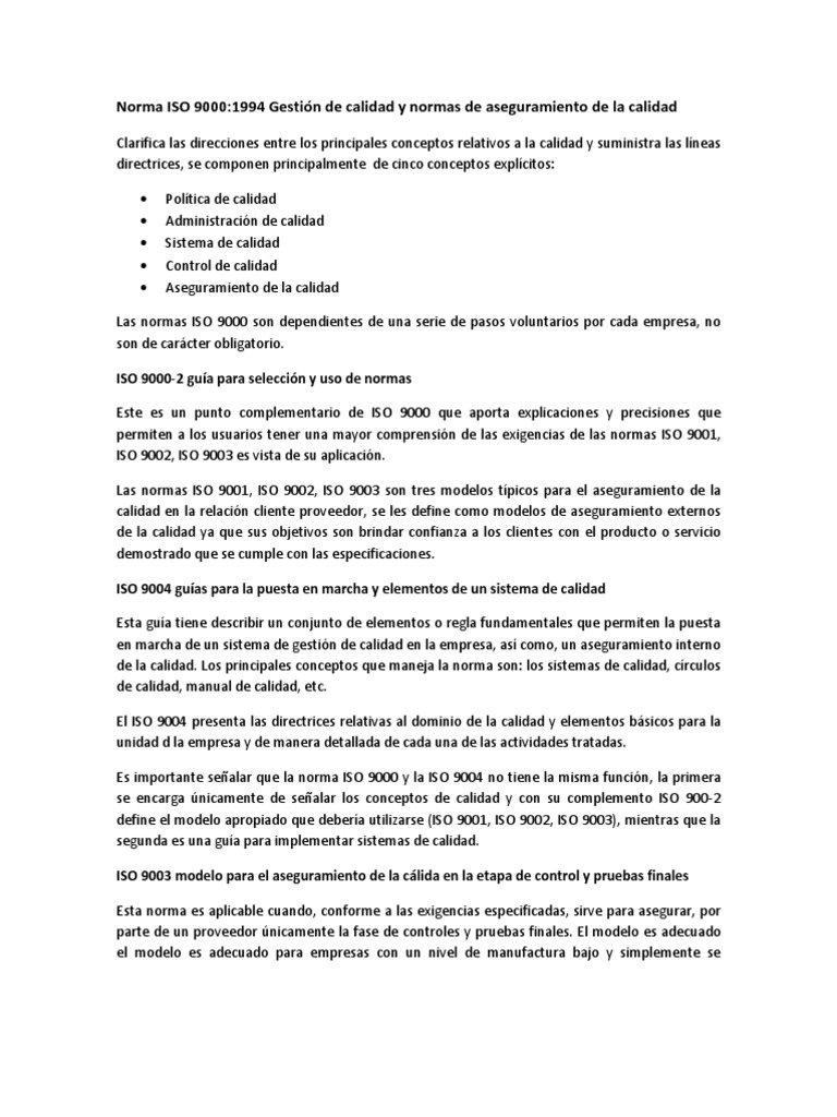 Norma ISO 9000 1994 Gestion de Calidad y Normas de Aseguramiento de La ...