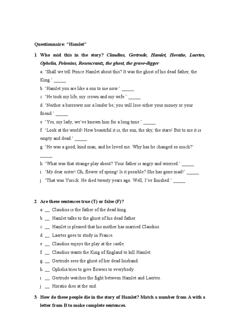 Questionnaire Hamlet | PDF | Hamlet | Plays Based On European Myths And ...