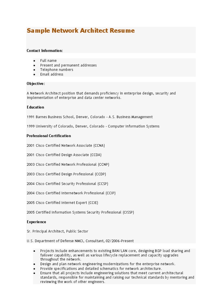 Sample Network Architect Resume | PDF | Data Center | Cisco Certifications