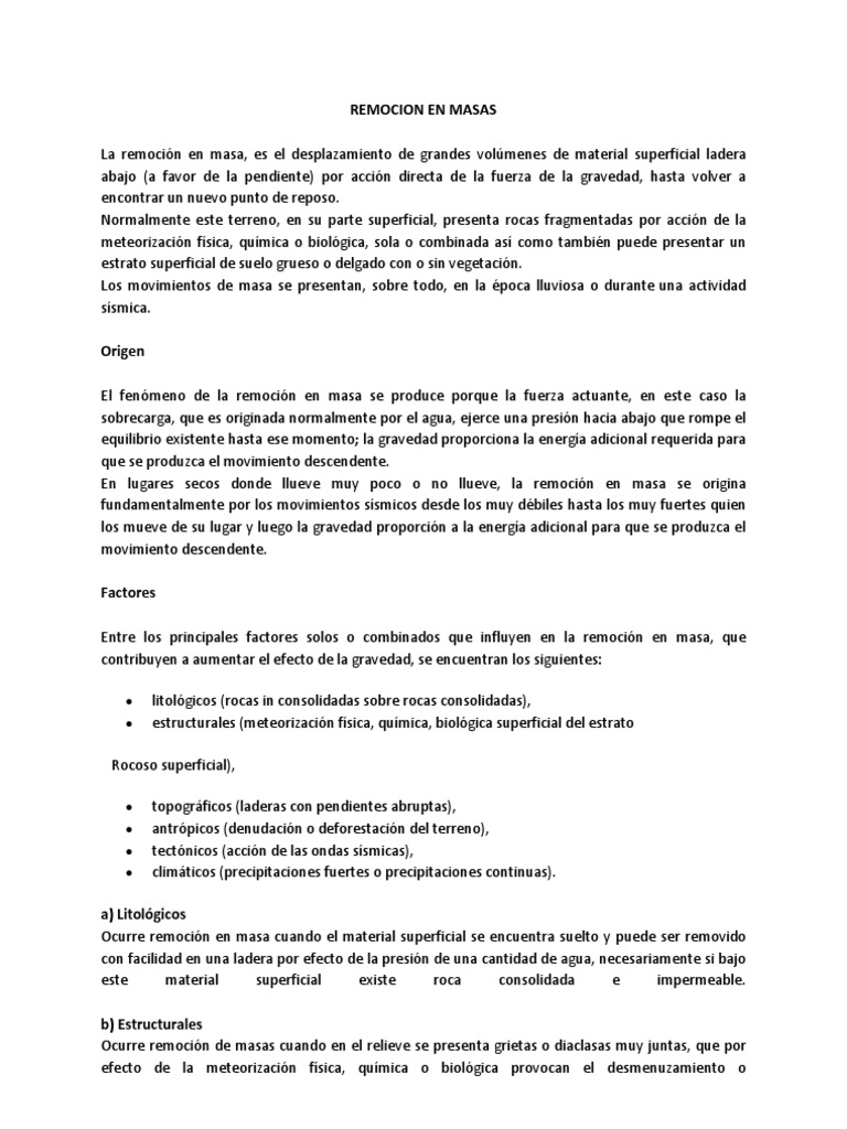 Remocion en Masas | PDF | Deslizamiento de tierra | Roca (geología)