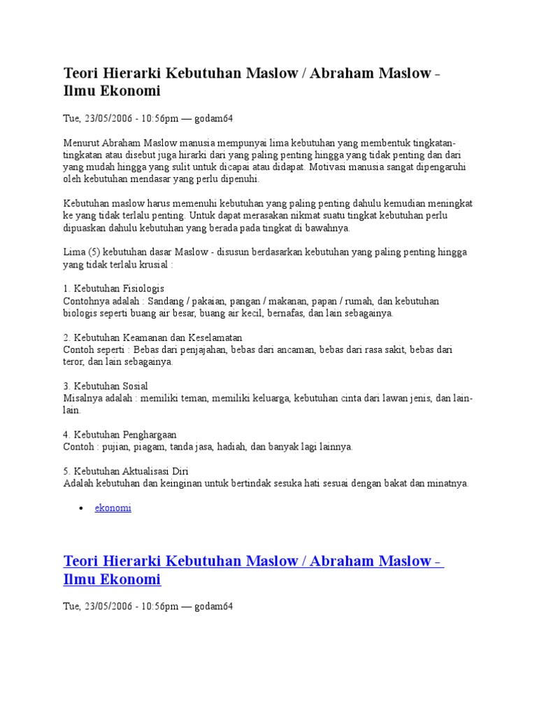 Teori Hierarki Kebutuhan Maslow | PDF
