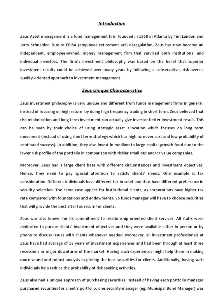 Zeus Asset Management Submission | PDF | Sharpe Ratio | Investment ...