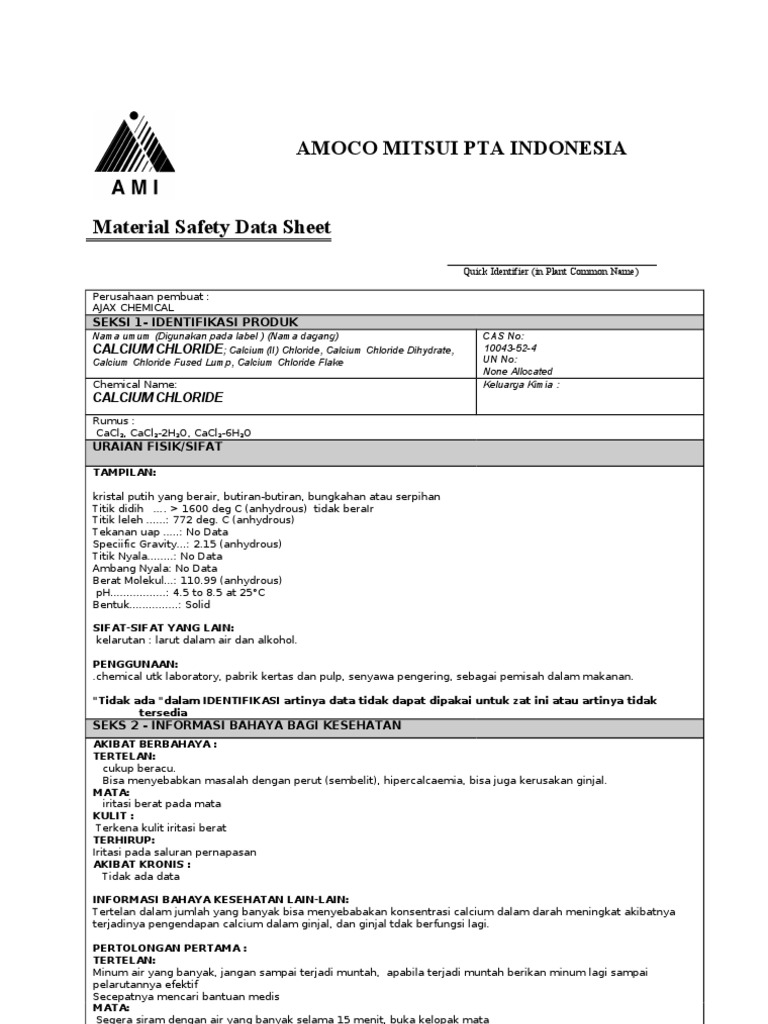 MSDS Kalsium Klorida (CaCl2) | PDF