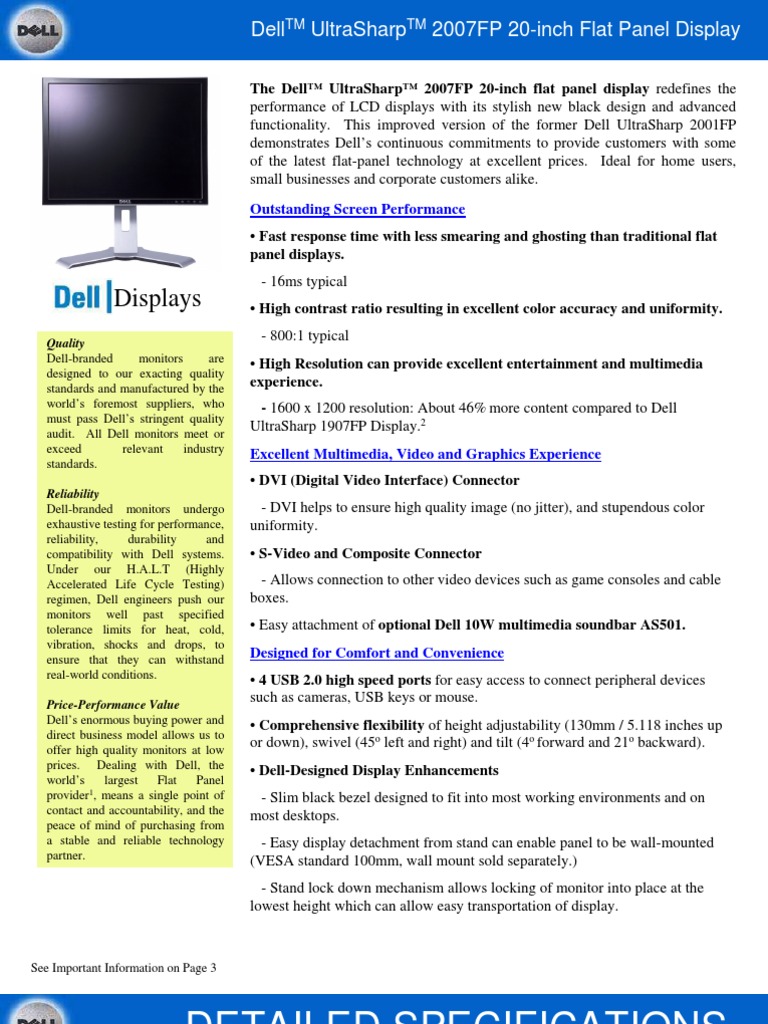 Dell UltraSharp 2007FP Monitor Spec Sheet | PDF | Computer Monitor ...