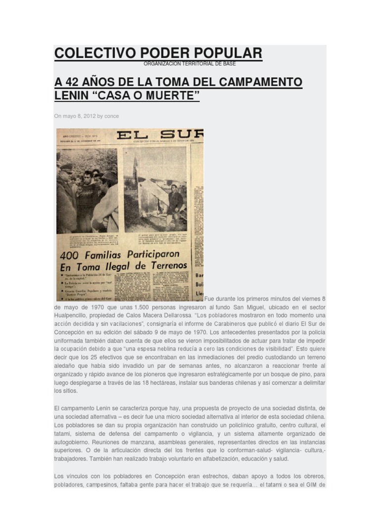 A 42 AÑOS DE LA TOMA DEL CAMPAMENTO LENIN (Pobl. Diego Portales ...