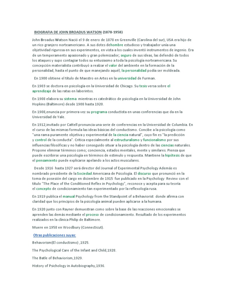 Biografia de John Broadus Watson | PDF | Comportamiento | Sicología