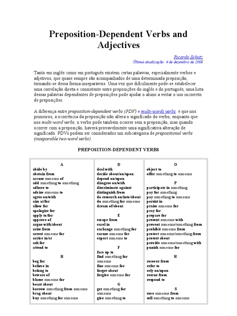 Preposition-Dependent Verbs and Adjectives:, É Que Nos | PDF | Language ...