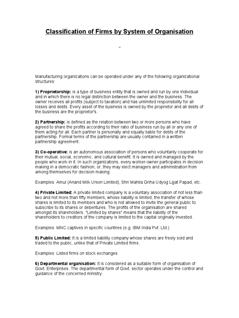 Classification of Firms by Systems of Organisation | PDF