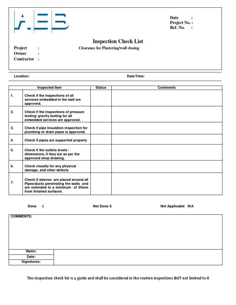 Plastering Inspection Checklist Guide | PDF | Technology & Engineering