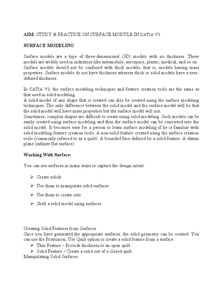 Aim: Study & Practice On Surface Module in Surface Modeling: Catia V3 ...