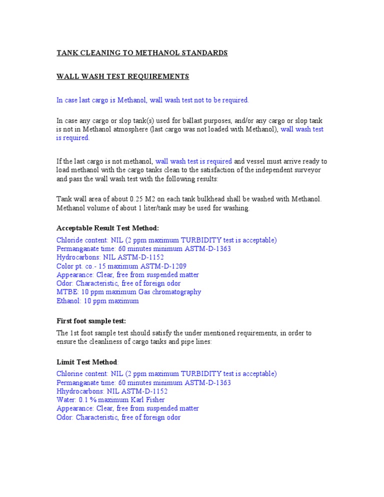 Tank Cleaning To Methanol Standards Wall Wash Test Requirements | PDF ...
