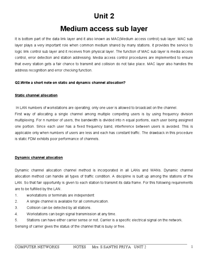 Unit 2 Medium Access Sub Layer: Q2.Write A Short Note On Static and Dynamic Channel Allocation ...