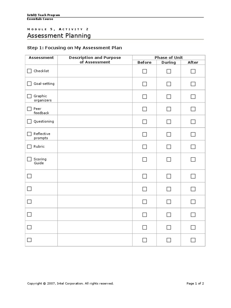 Assessment Planning: Step 1: Focusing On My Assessment Plan | PDF ...