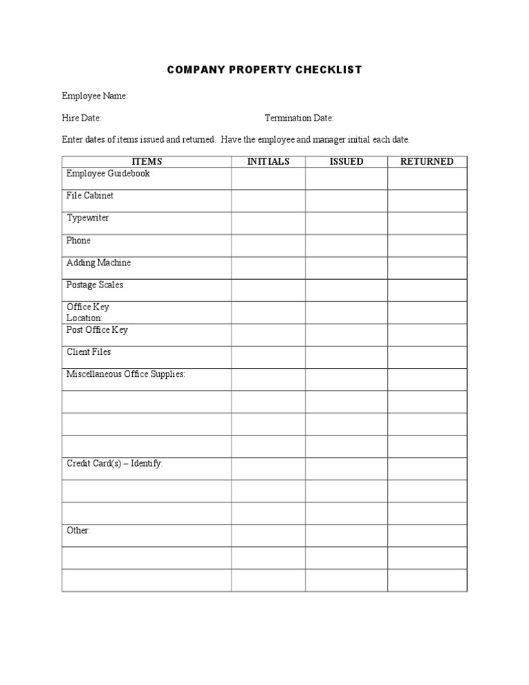 Company Property Checklist: Items Initials Issued Returned | PDF