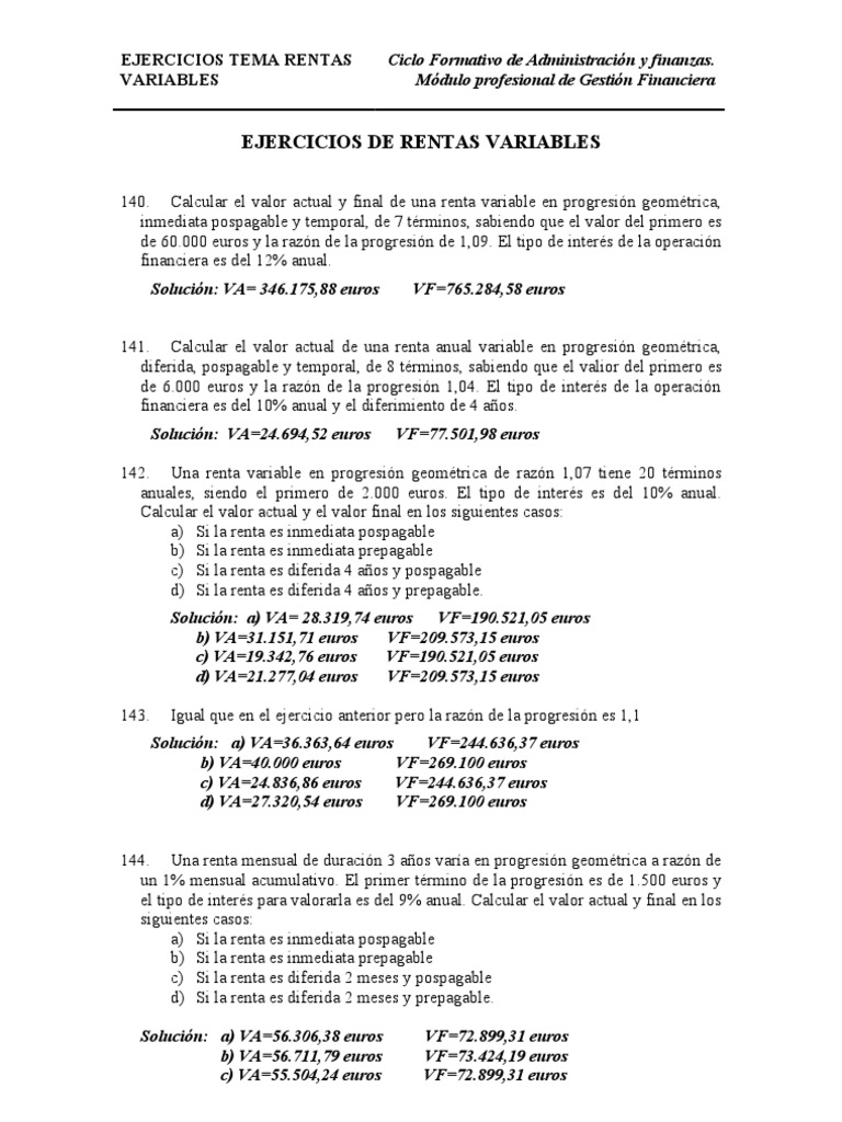 Ejercicios de Rentas Variables Financieras | PDF | Interés | Euro