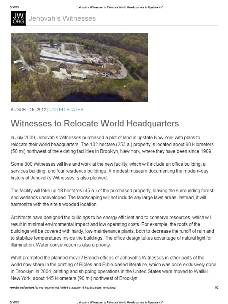 Jehovah's Witnesses To Relocate World Headquarters To Upstate NY | PDF ...