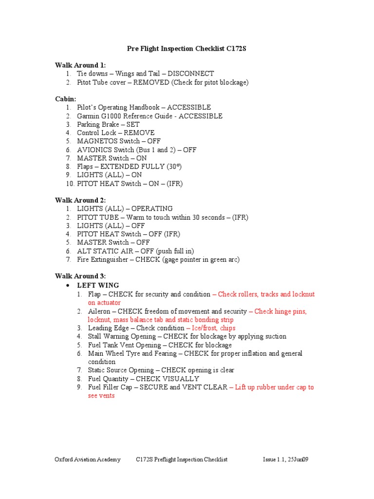 C172S Pre Flight Inspection Checklist Issue 1-1.1 | PDF | Flap ...