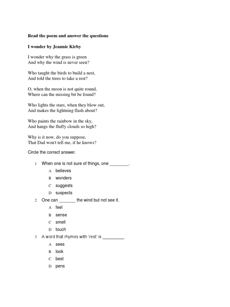 Poem Analysis and Questions on Wonder | PDF | Nature