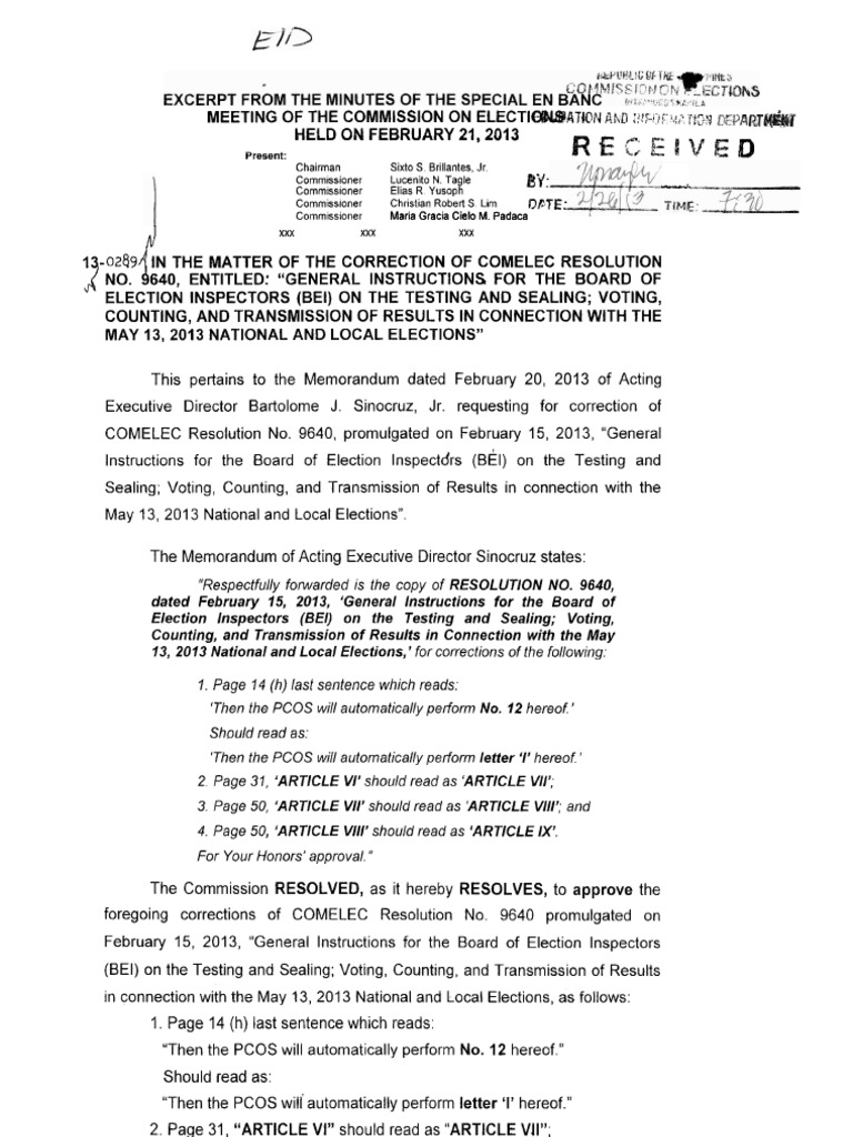 COMELEC Minute Resolution No. 13-0289 - Correction To Com Res 9640 (GI ...