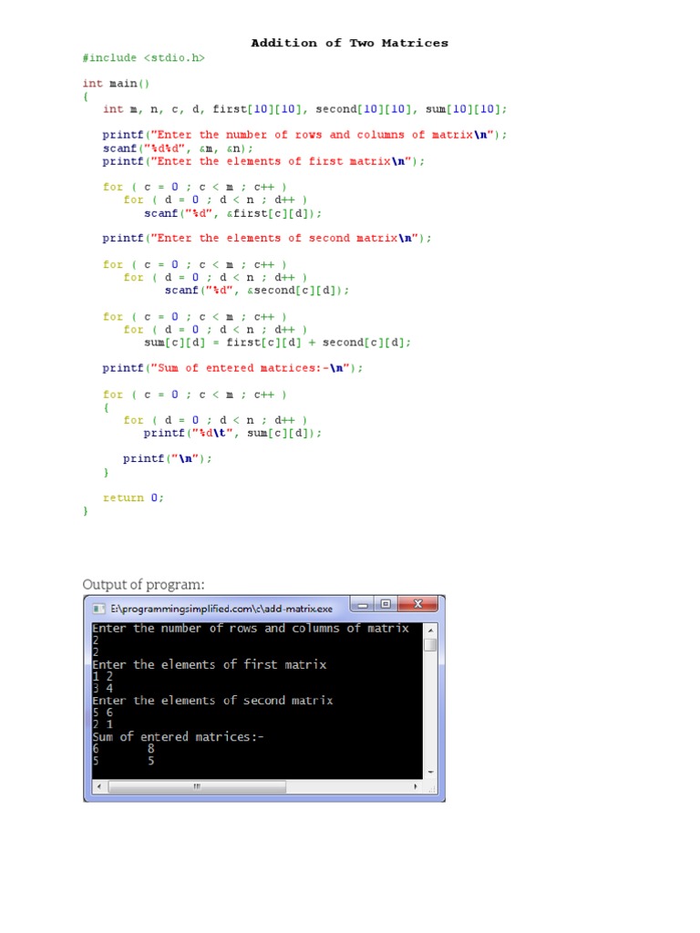 Addition of Two Matrices: Printf Scanf Printf | PDF | Matrix ...