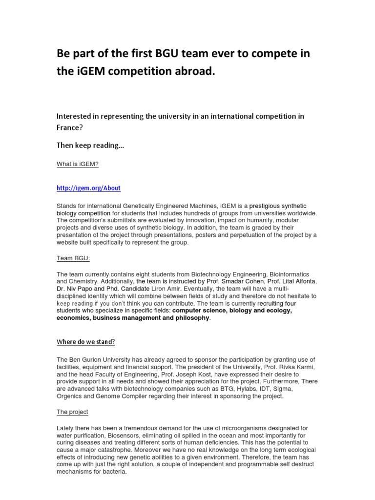 Be Part of The First BGU Team Ever To Compete in The iGEM Competition ...