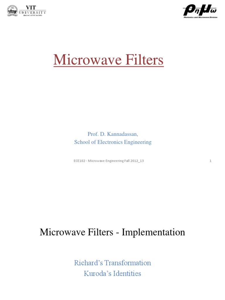 Microwave Filters: Prof. D. Kannadassan, School of Electronics Engineering | PDF | Electronic ...