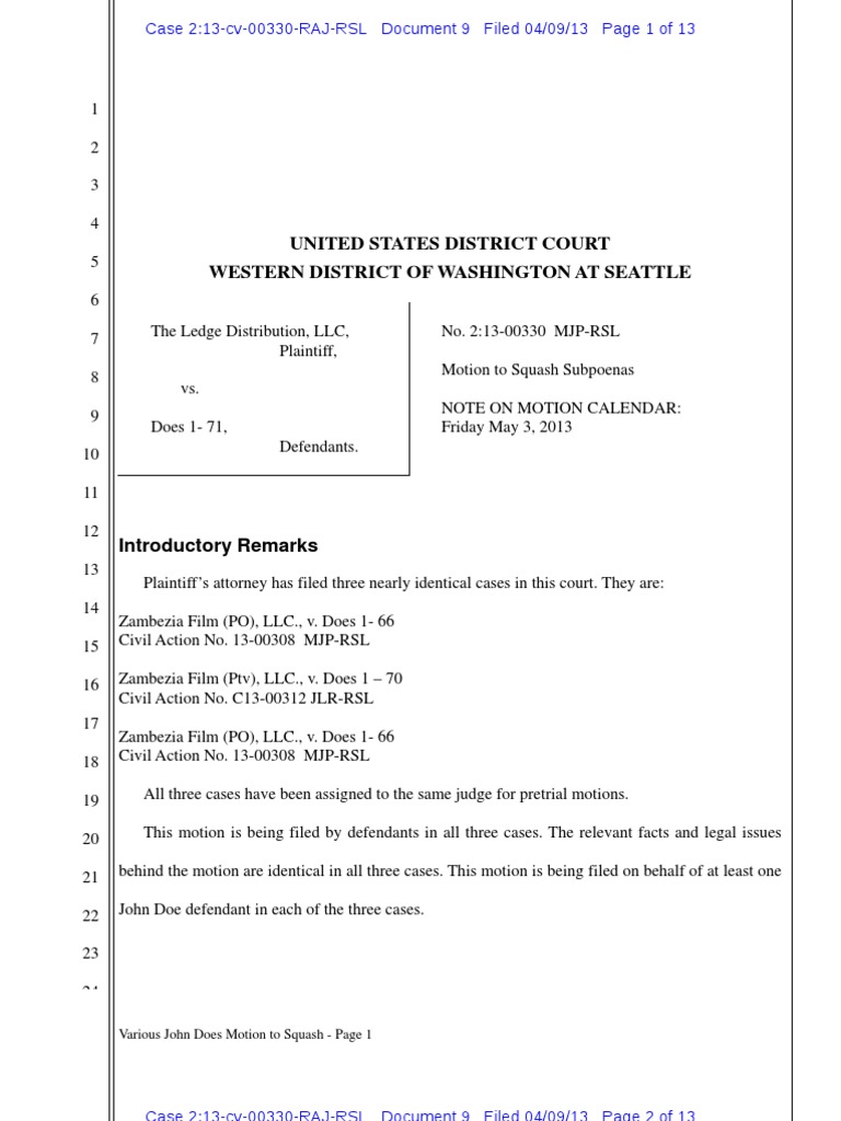 Document 9 - Motion To Quash | Joinder | Lawsuit