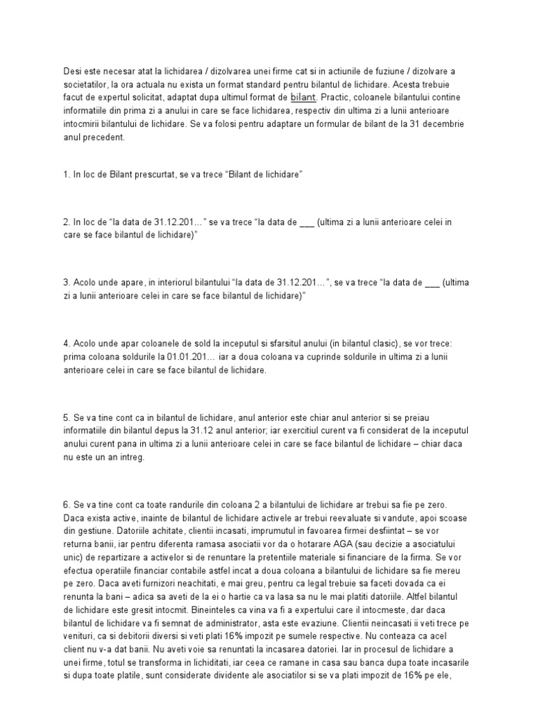 Bilant de Lichidare | PDF