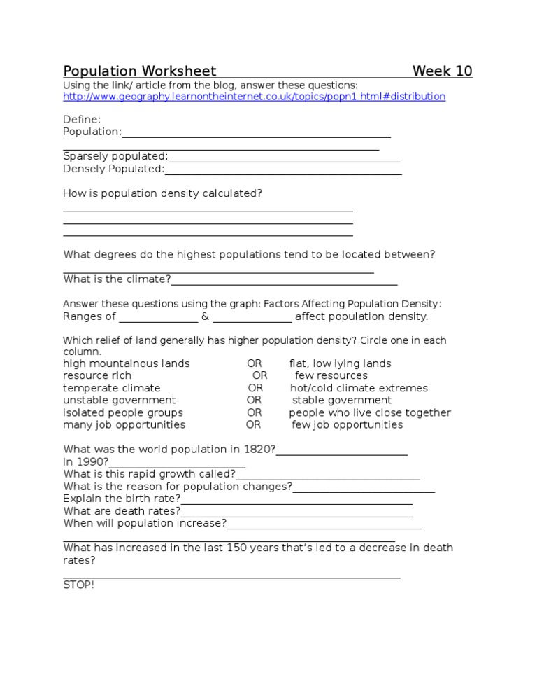 Population Worksheet | PDF