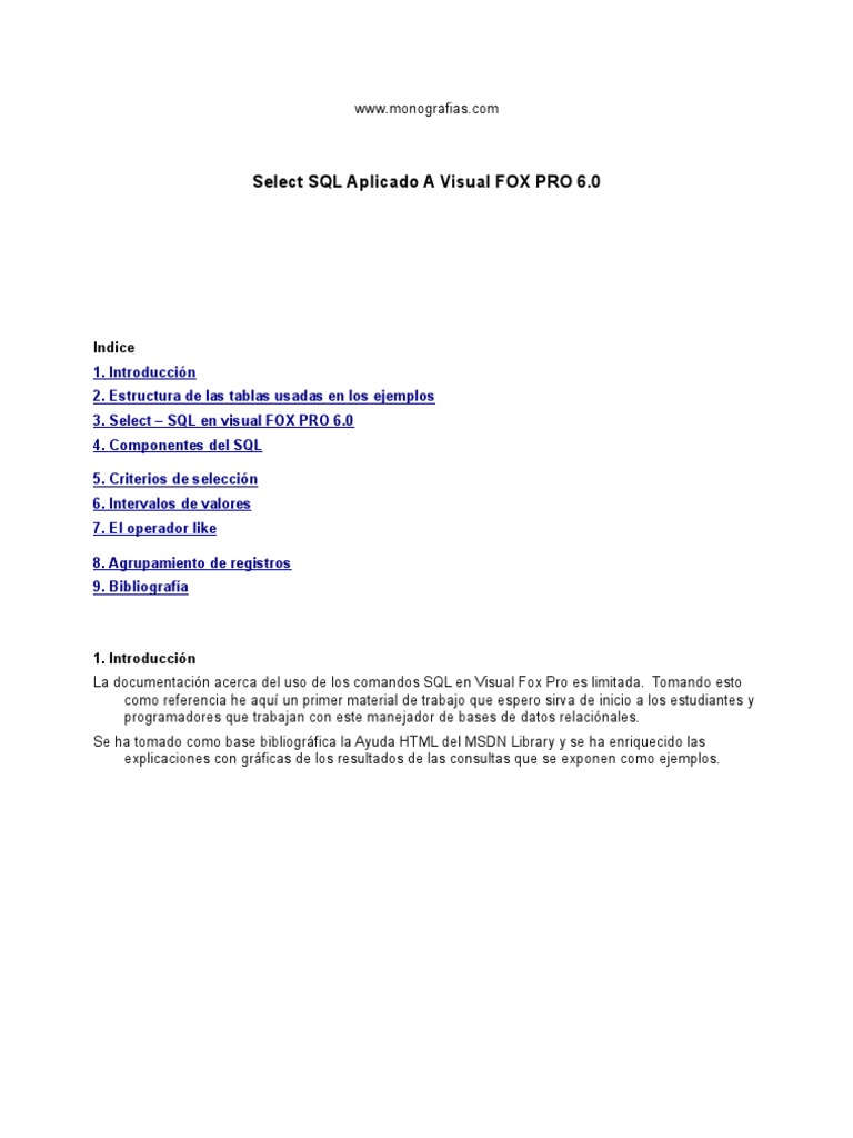 SQL en Visual FoxPro 6.0: Guía Práctica | PDF | SQL | Tabla (base de datos)