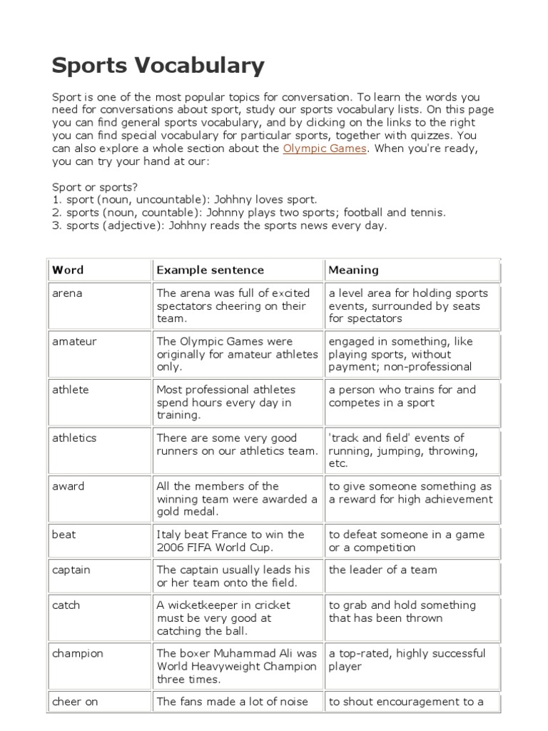 Sports Vocabulary | PDF | Sports | Referee