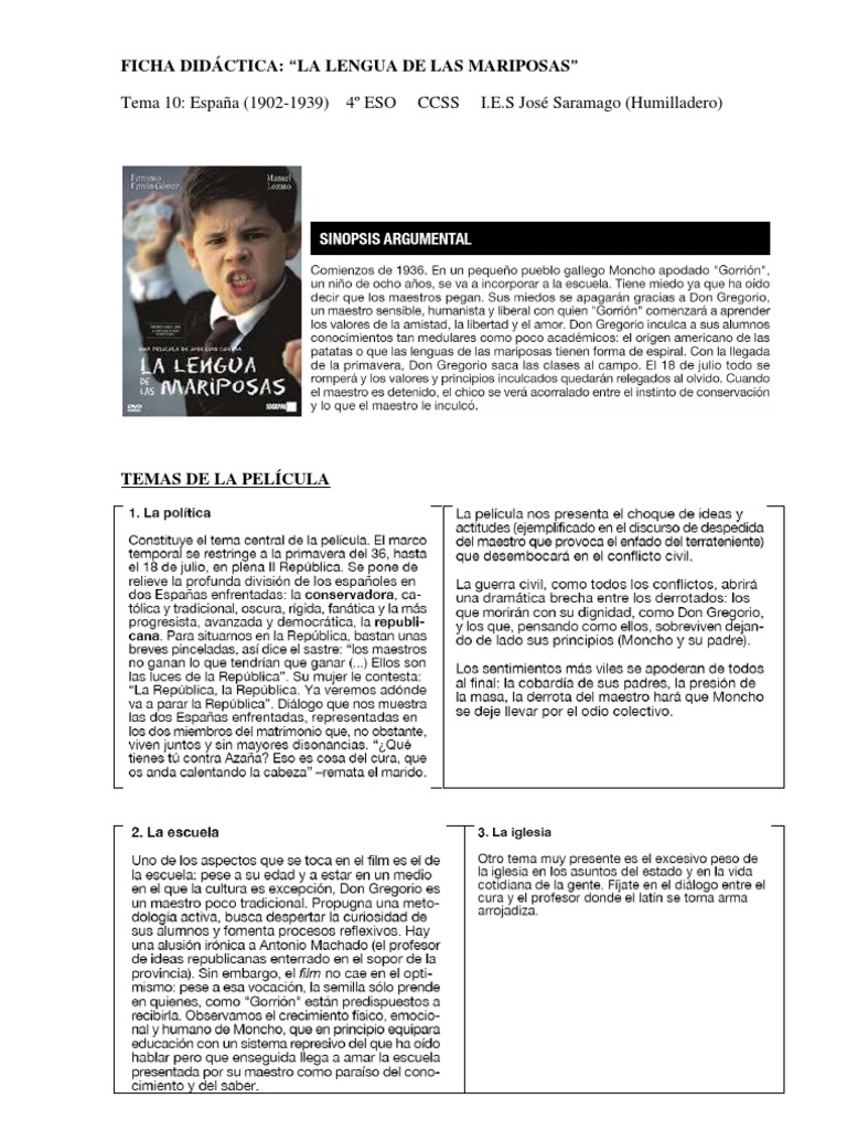 Lengua de Las Mariposas Actividades | PDF | Aprendizaje | Sicología